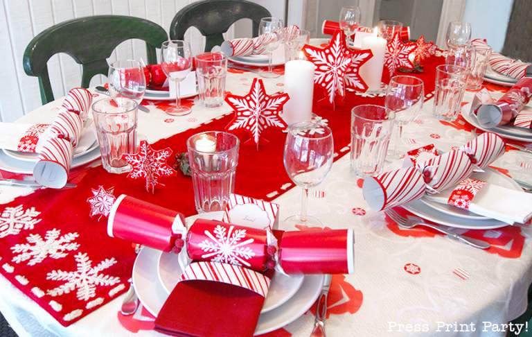 Merry & Bright, Red & White Snowflakes Christmas Table - Press Print Party!