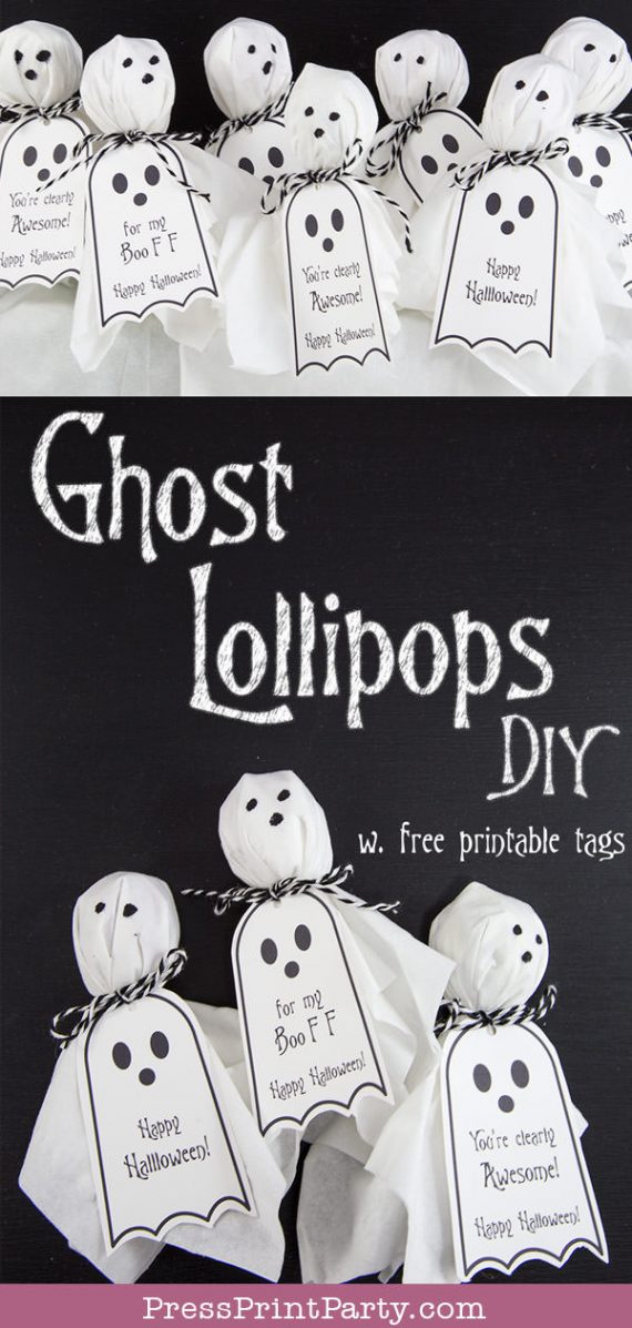 Ghost Lollipops w. FREE Printable Halloween tags