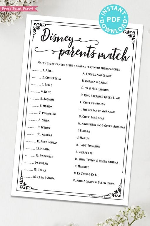 Disney Parents Match Baby Shower Game Printable - Press Print Party!