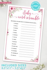 Baby Word Scramble Baby Shower Game, Pink Flowers - Press Print Party