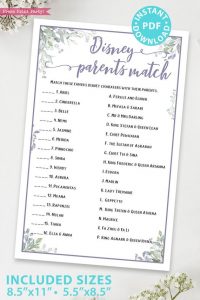 Disney Parents Match Baby Shower Game, Purple- Press Print Party!