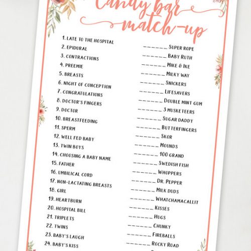 Candy Bar Match-up Baby Shower Game, Pink Flowers - Press Print Party!