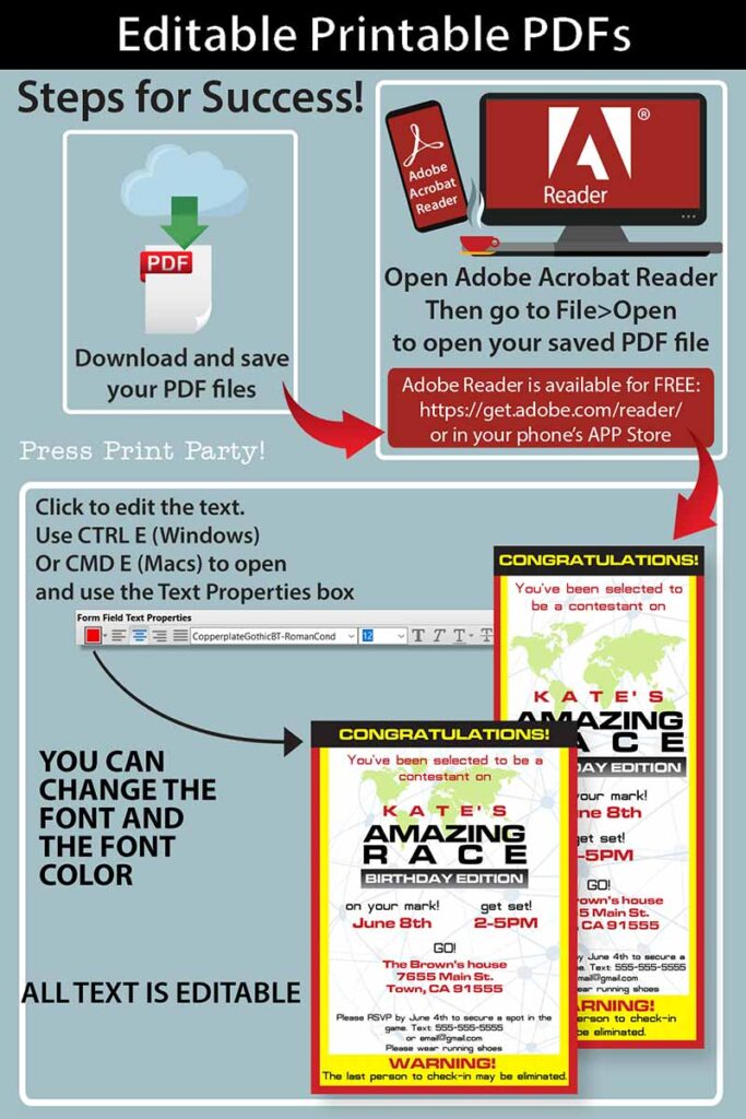 The Amazing Race Party Printable Set w. Editable Clue Cards