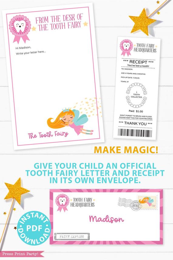 Tooth Fairy Letter Printable Kit, Pink for Girls - Press Print Party!