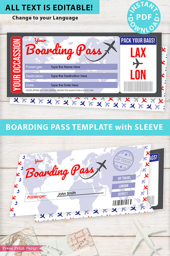 Boarding Pass Template W Holder Red Blue Planes Press Print Party