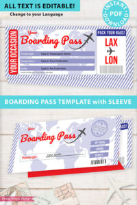 Boarding Pass Template w. Holder, Blue/Red Stripes - Press Print Party