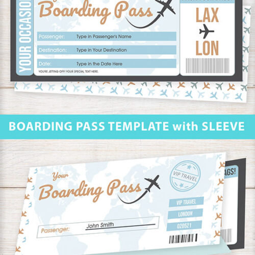 Boarding Pass Template w. Holder, Blue Stripes - Press Print Party!