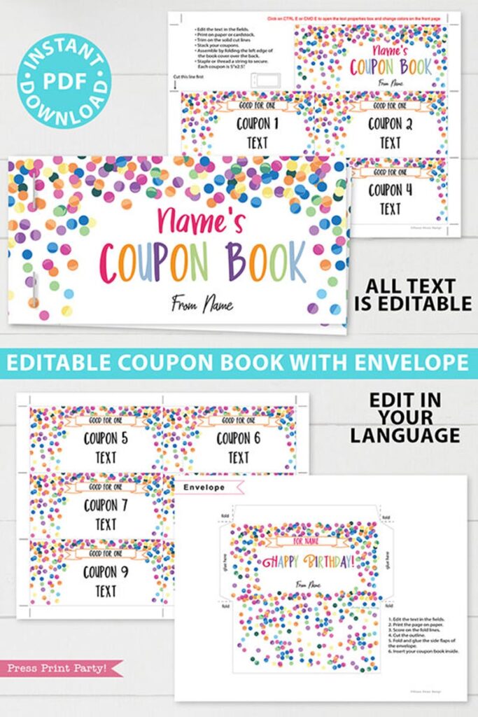 Birthday Coupon Book Printable, Confetti 2 - Press Print Party!