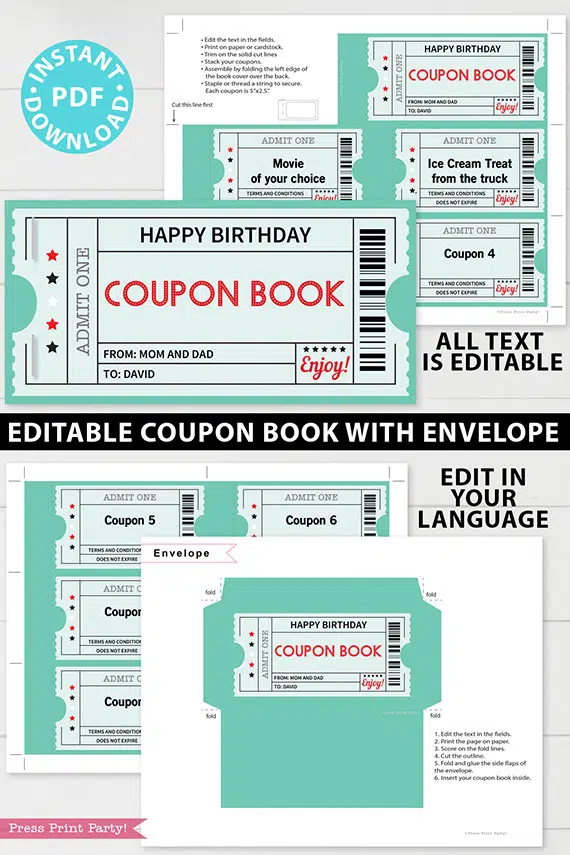 Coupon Book Template Printable, Ticket Teal - Press Print Party!