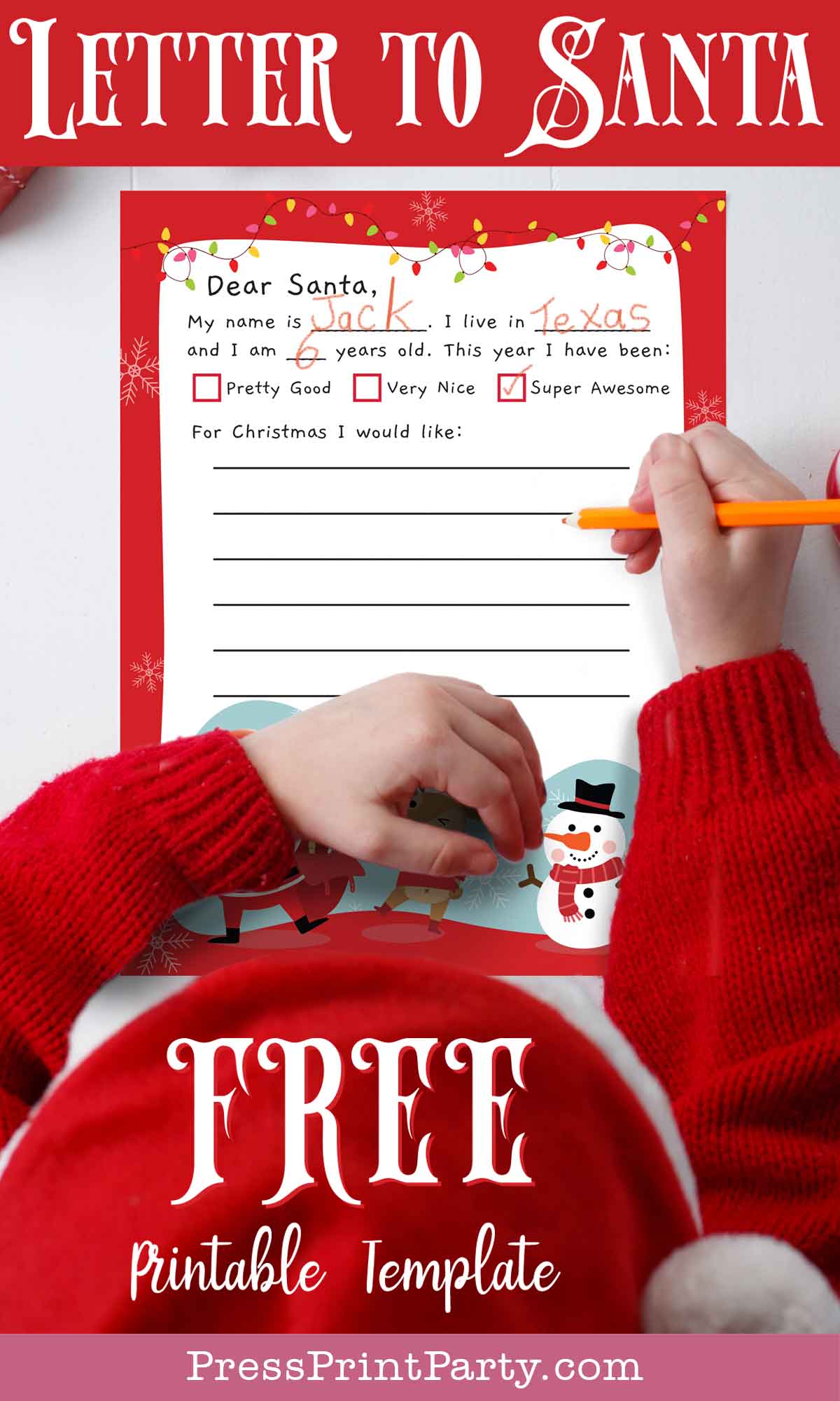 Free Santa Letter Printable Template for Kids to Mail
