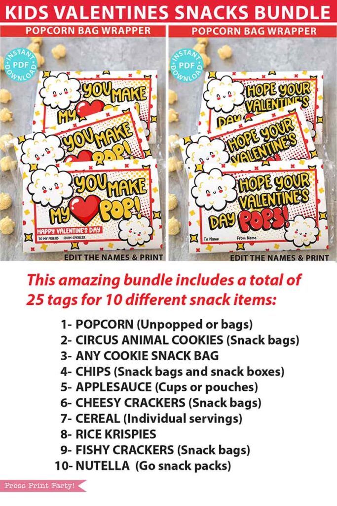 CLASSROOM Valentines Tags Bundle, Food Valentines