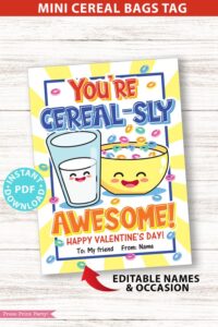 Kids Valentine Cereal Bags Tag, You're Cereal-sly Awesome,