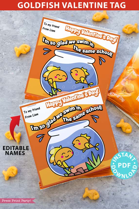 Goldfish Valentine Printable Card, I'm so Glad we Swim in the Same School