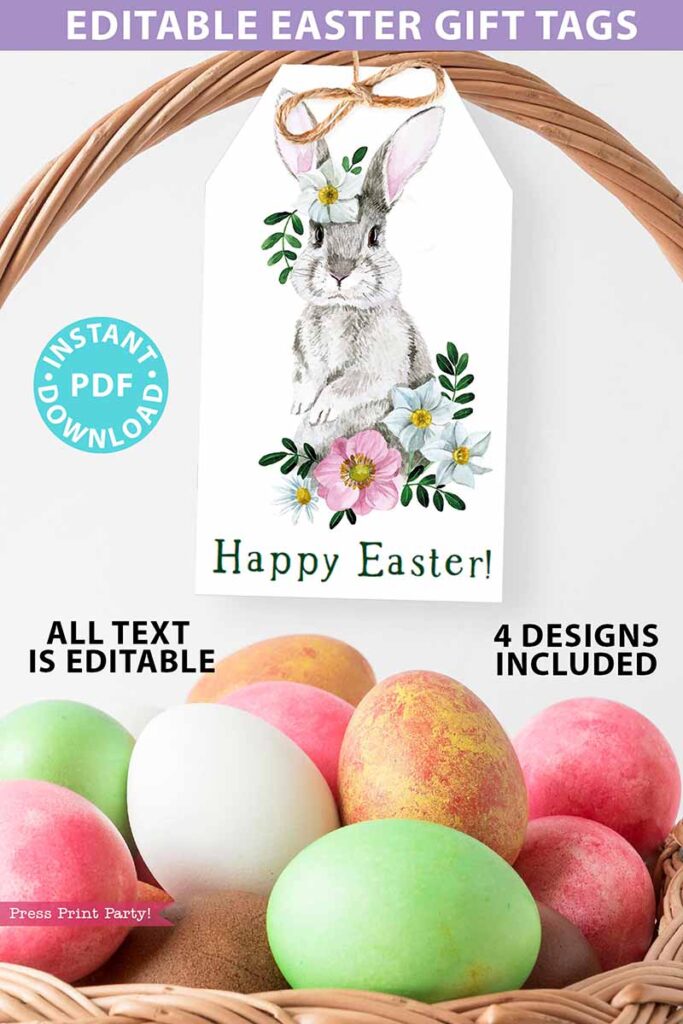 Easter Gift Tags Printable, Watercolor Bunnies - Press Print Party!