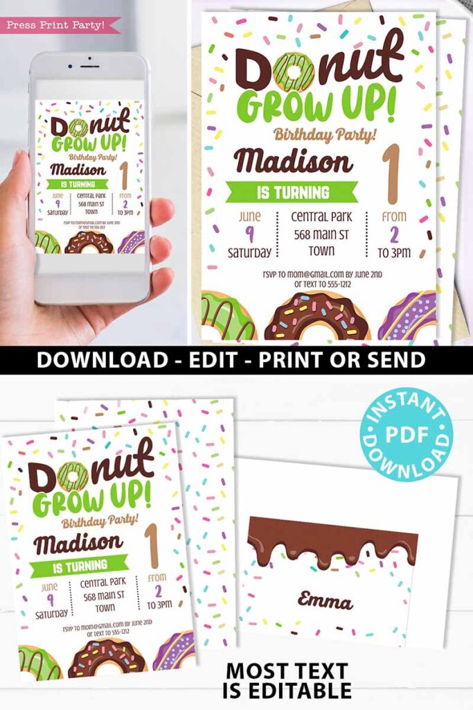 Donut Grow Up Invitation Printable, Green - First Birthday