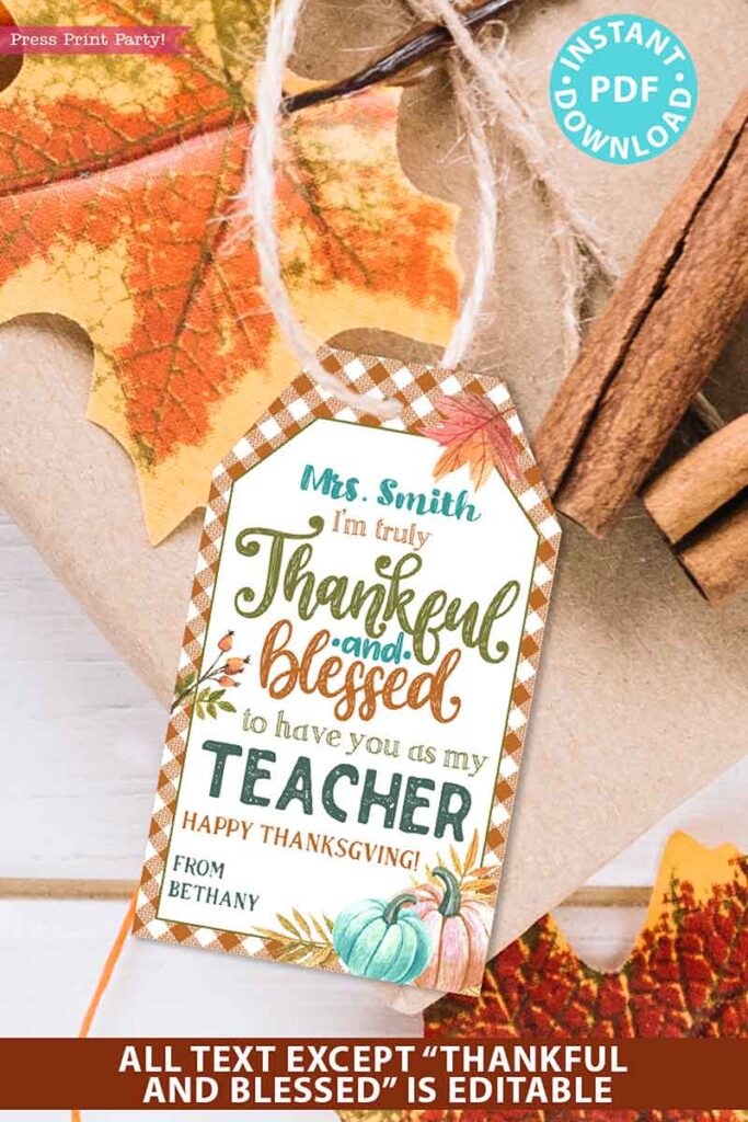 Editable Thanksgiving Gift Tags Printable, Thankful and Blessed Gingham ...