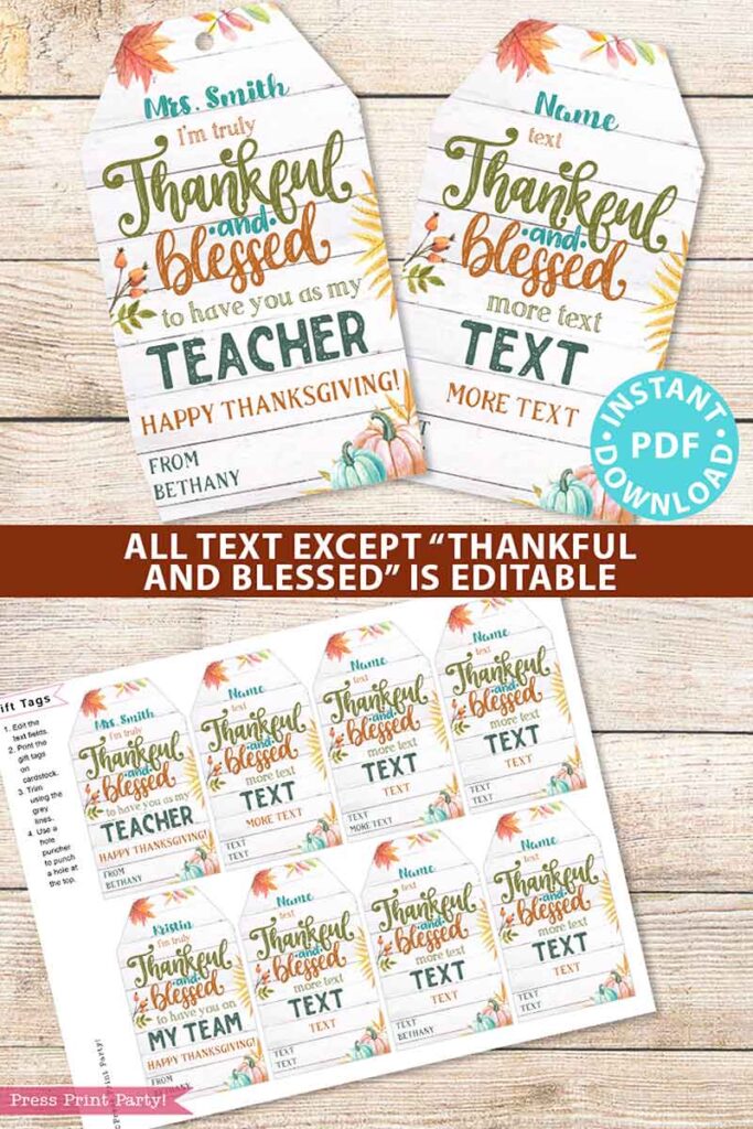 Editable Thanksgiving Gift Tags Printable, Thankful and Blessed Rustic ...