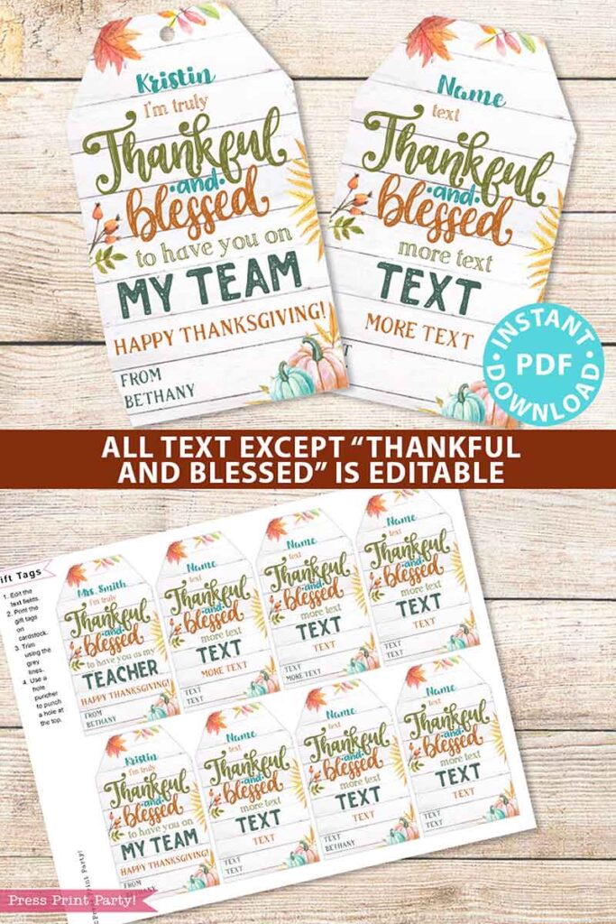Editable Thanksgiving Gift Tags Printable, Thankful and Blessed Rustic ...
