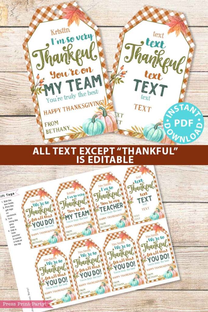 Thanksgiving Tags for Teachers Printable & Editable- Press Print Party!