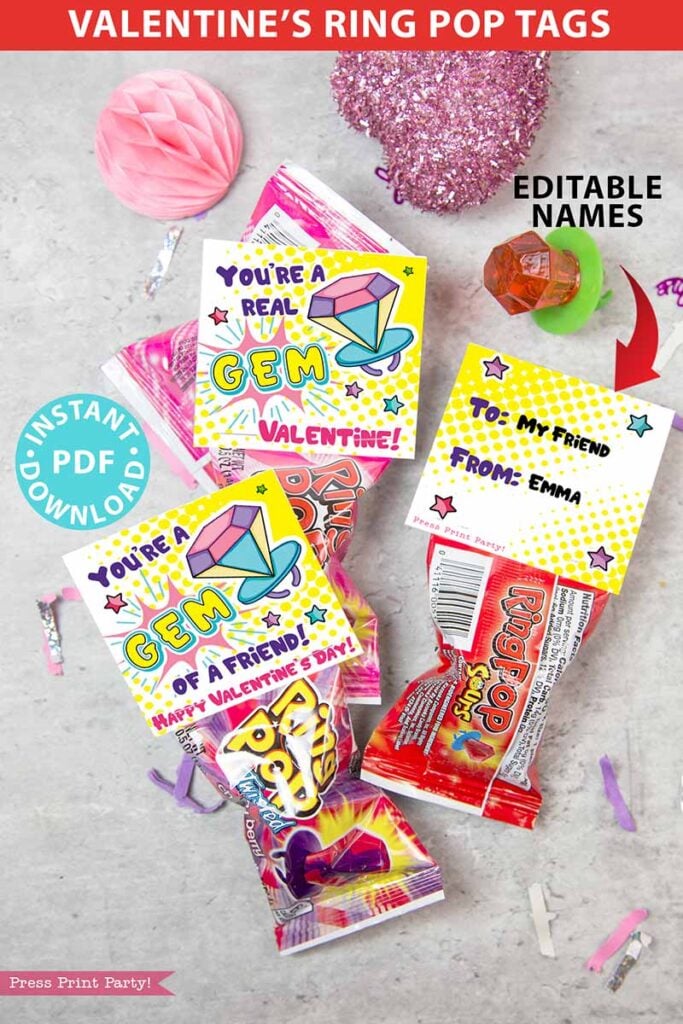 Free Ring Pop Valentines Printable Tag "You're a Gem of a Friend!"