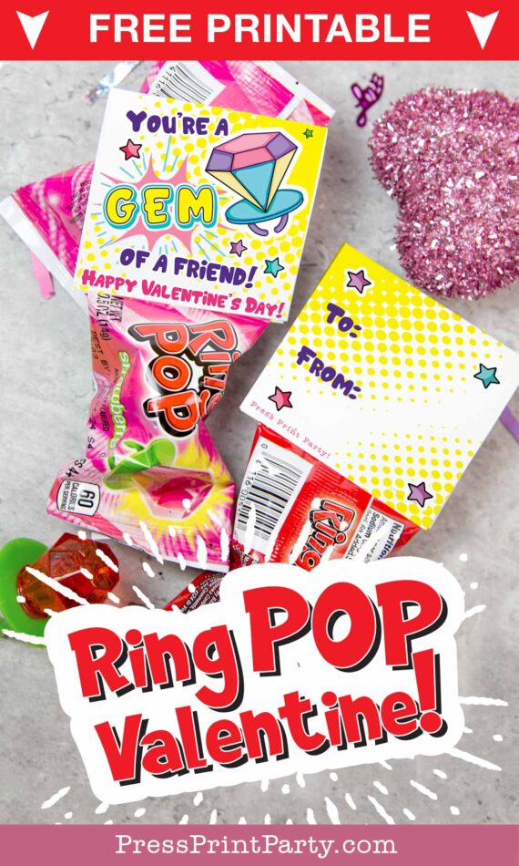 Free Ring Pop Valentines Printable Tag "You're a Gem of a Friend!"