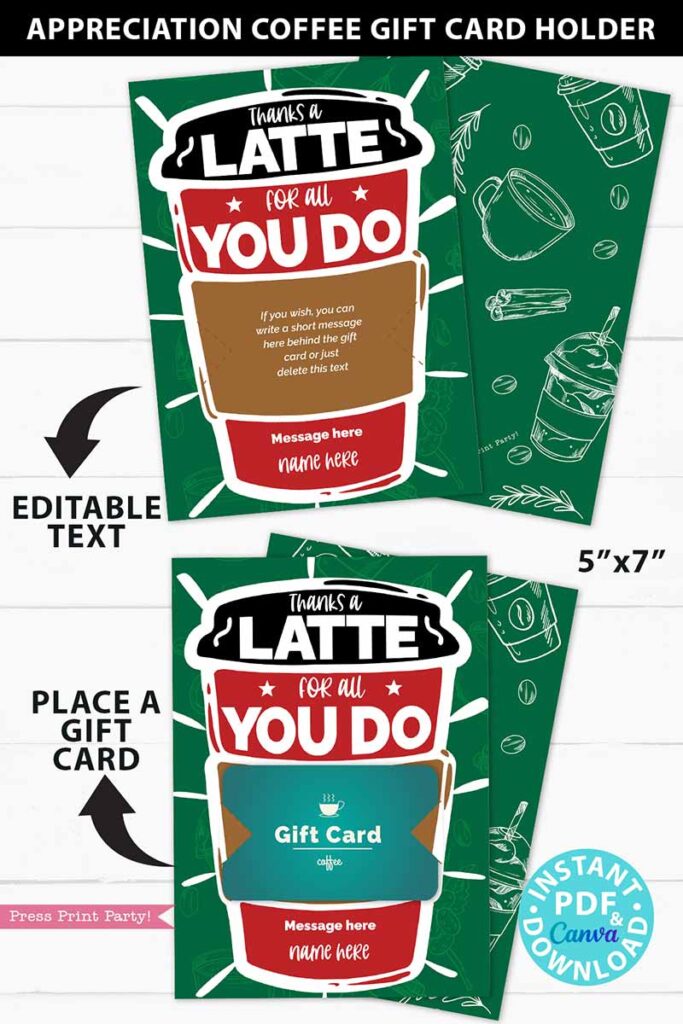 Coffee Gift Card Holder - Thanks a Latte for all You Do - Press Print ...
