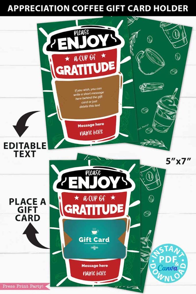 Coffee Gift Card Holder - Enjoy a Cup of Gratitude - Press Print Party!