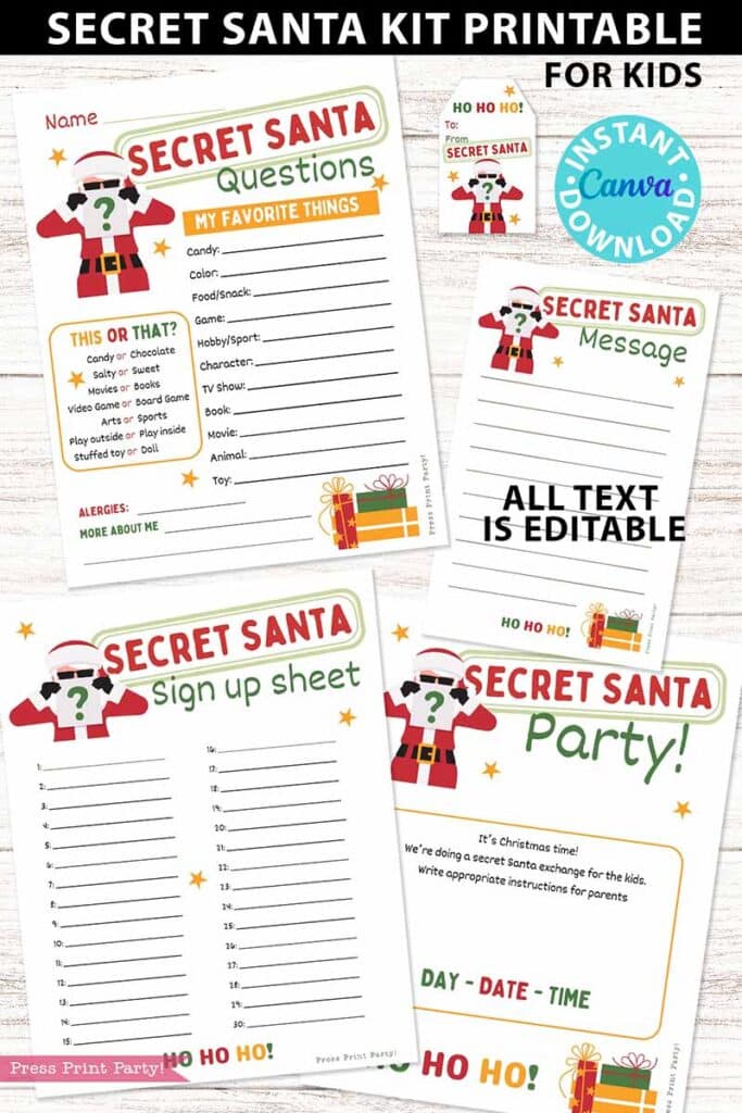 Secret Santa Kids Questionnaire Printable Kit