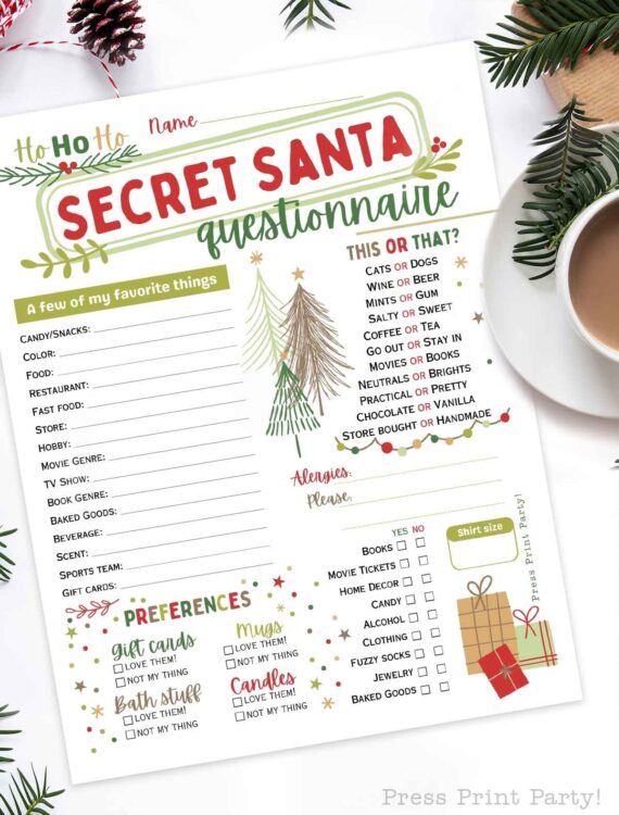 Free Printable Secret Santa Questionnaire for Adult Gift Exchanges