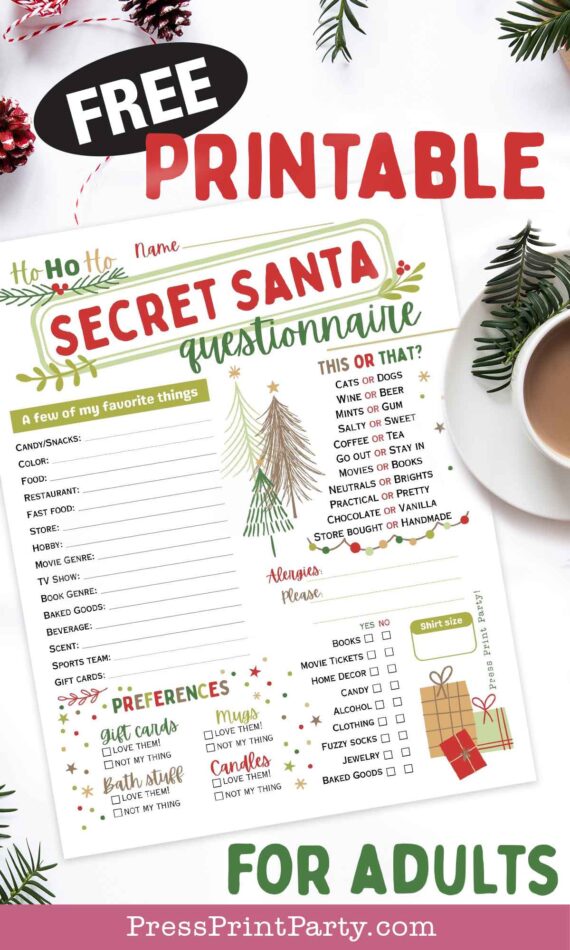 Free Printable Secret Santa Questionnaire for Adult Gift Exchanges