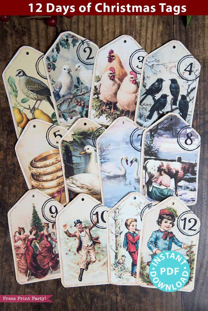 12 Days of Christmas Tags Printable Vintage
