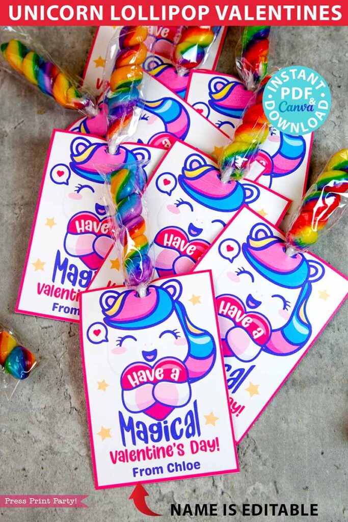 Unicorn Valentines Printable Cards Lollipop Holder