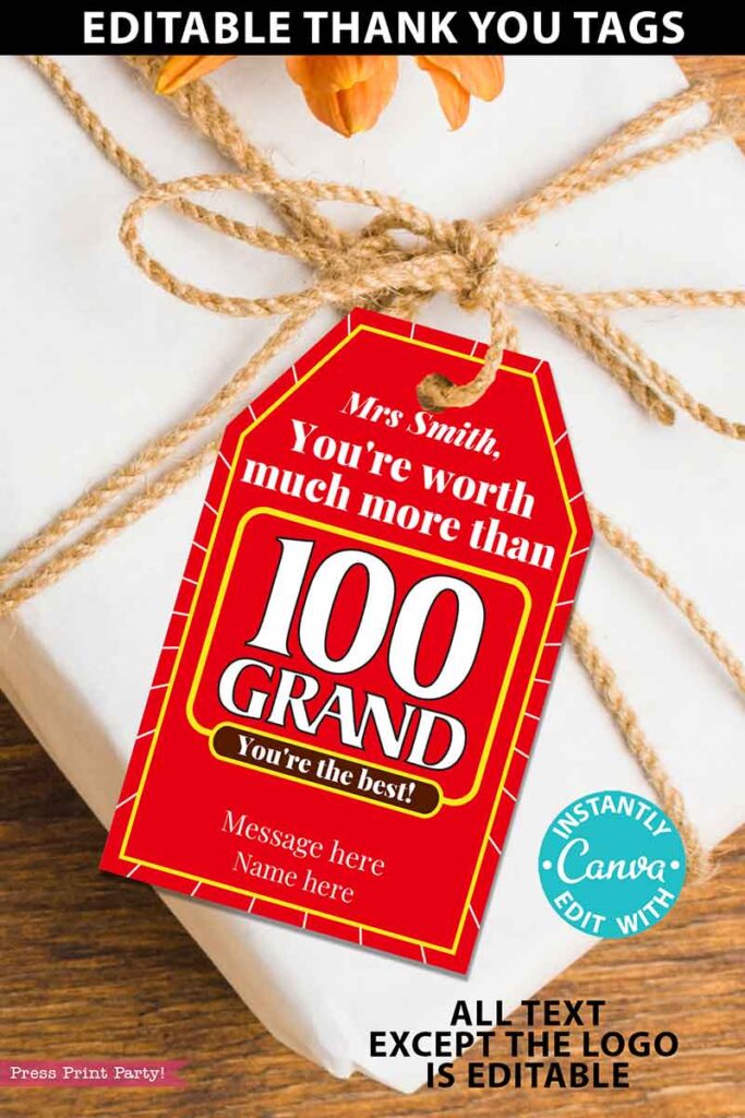 100 Grand Candy Bar Thank You Sayings Gift Tag - Press Print Party!