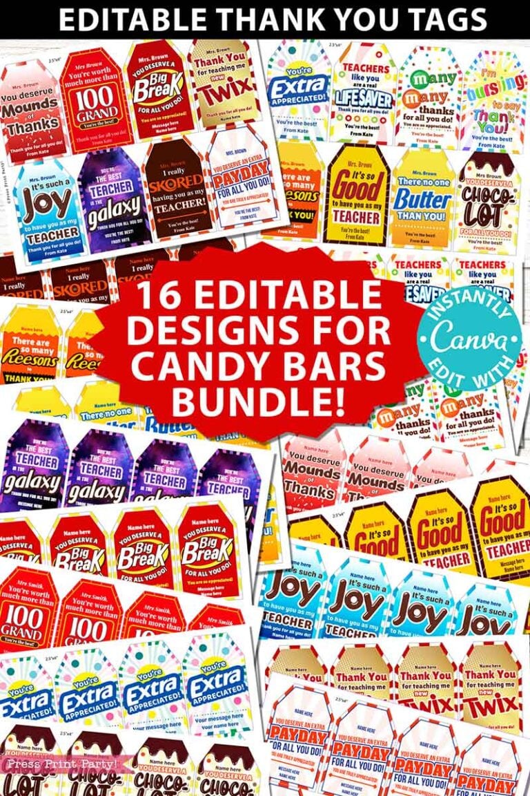 16 Candy Bar Thank You Gift Tags Bundle - Press Print Party!
