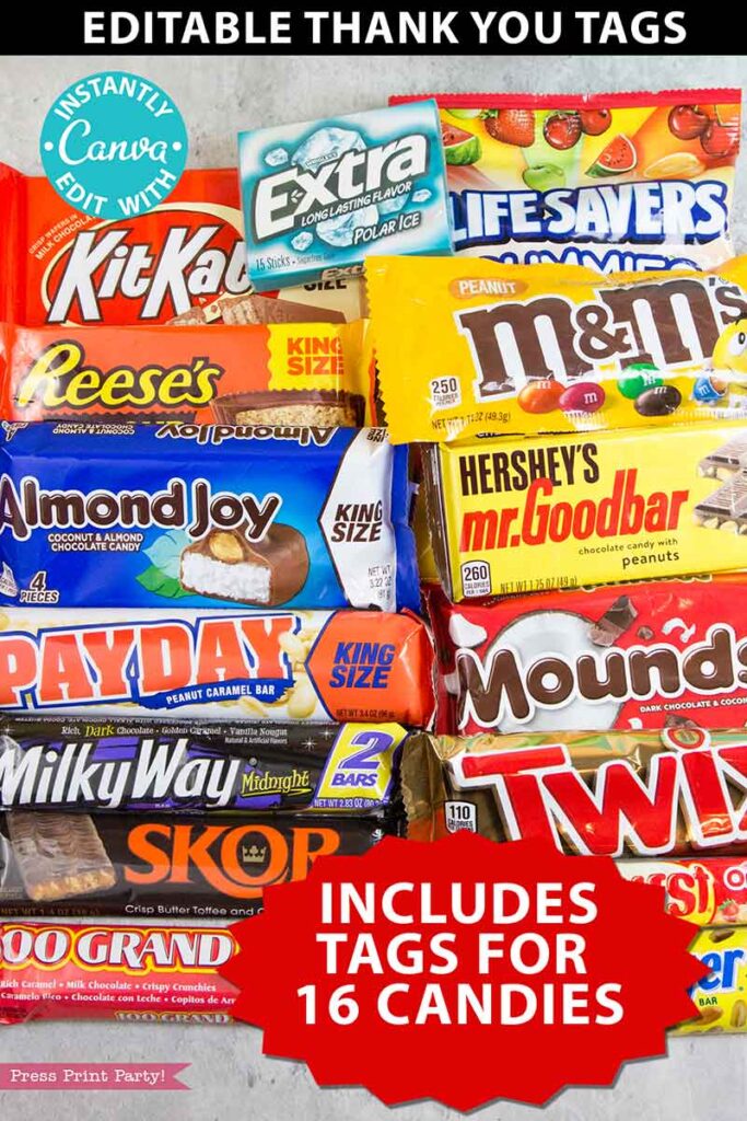 16 Candy Bar Thank You Gift Tags Bundle - Press Print Party!