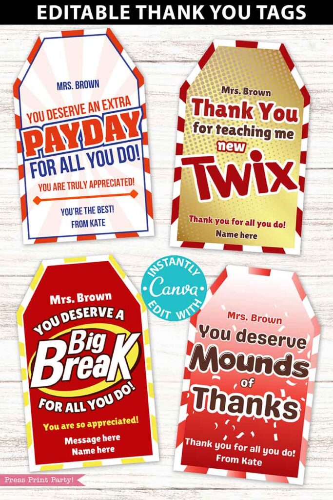 16 Candy Bar Thank You Gift Tags Bundle - Press Print Party!