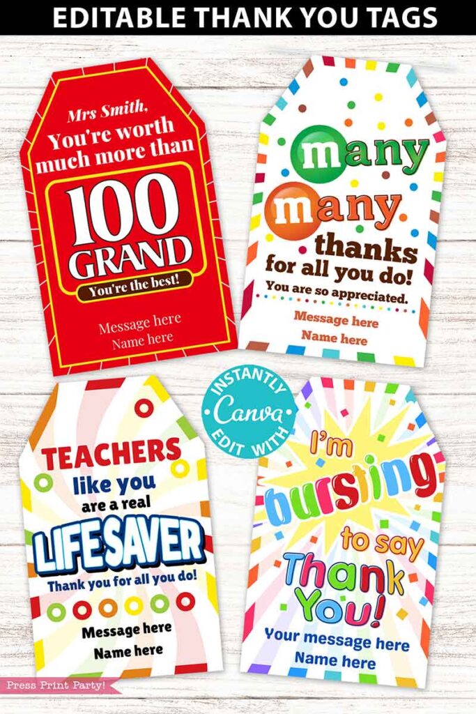 16 Candy Bar Thank You Gift Tags Bundle - Press Print Party!
