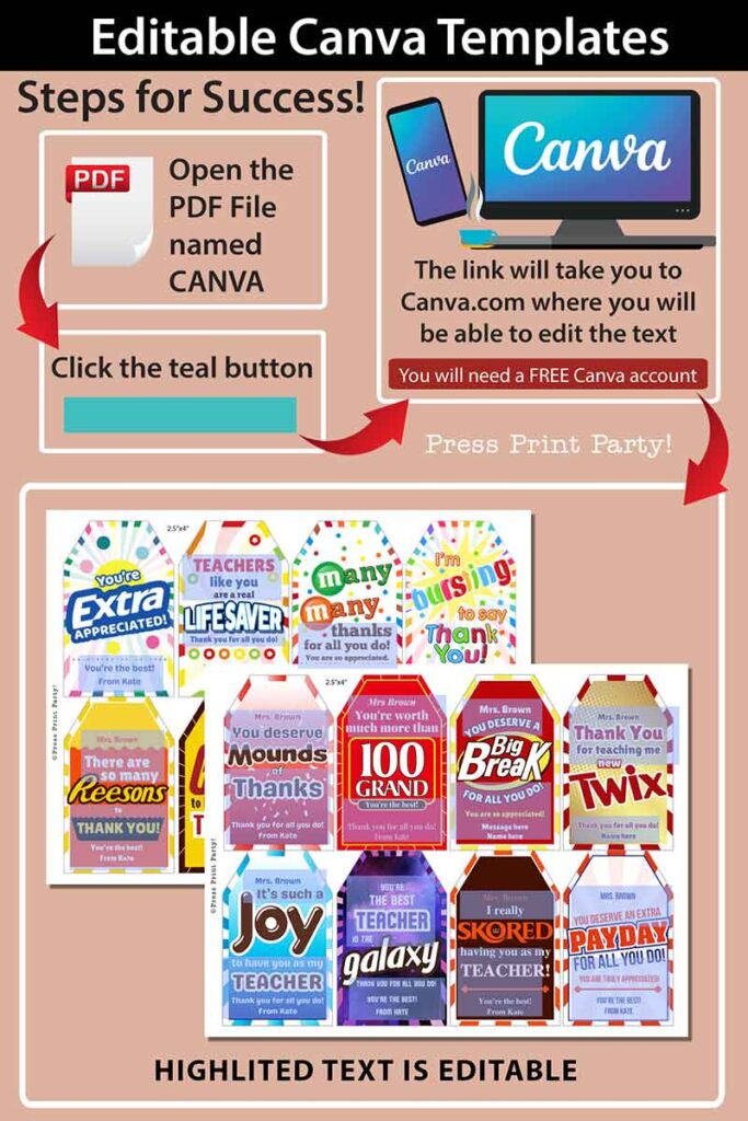 16 Candy Bar Thank You Gift Tags Bundle - Press Print Party!