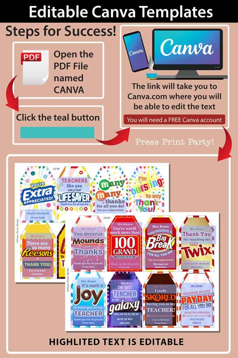 16 Candy Bar Thank You Gift Tags Bundle - Press Print Party!
