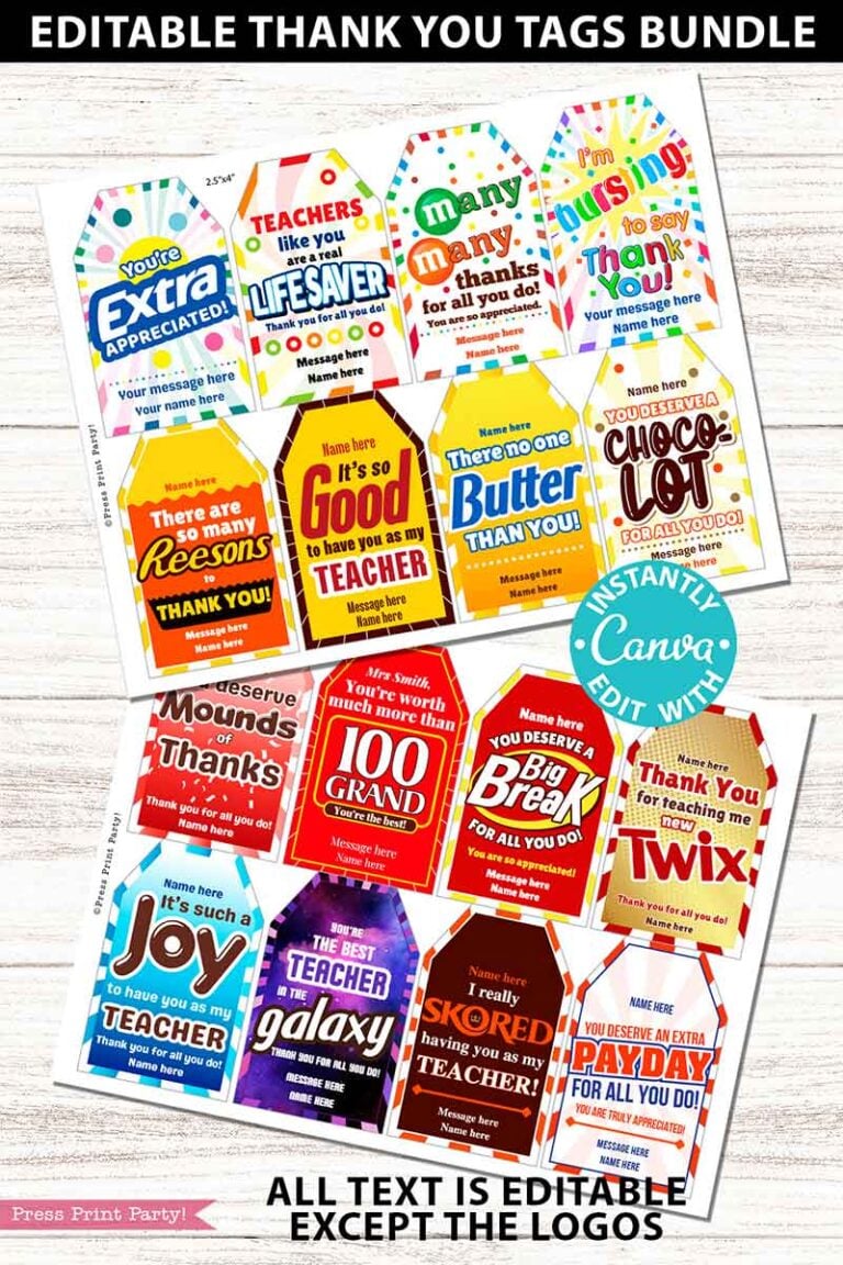 16 Candy Bar Thank You Gift Tags Bundle - Press Print Party!