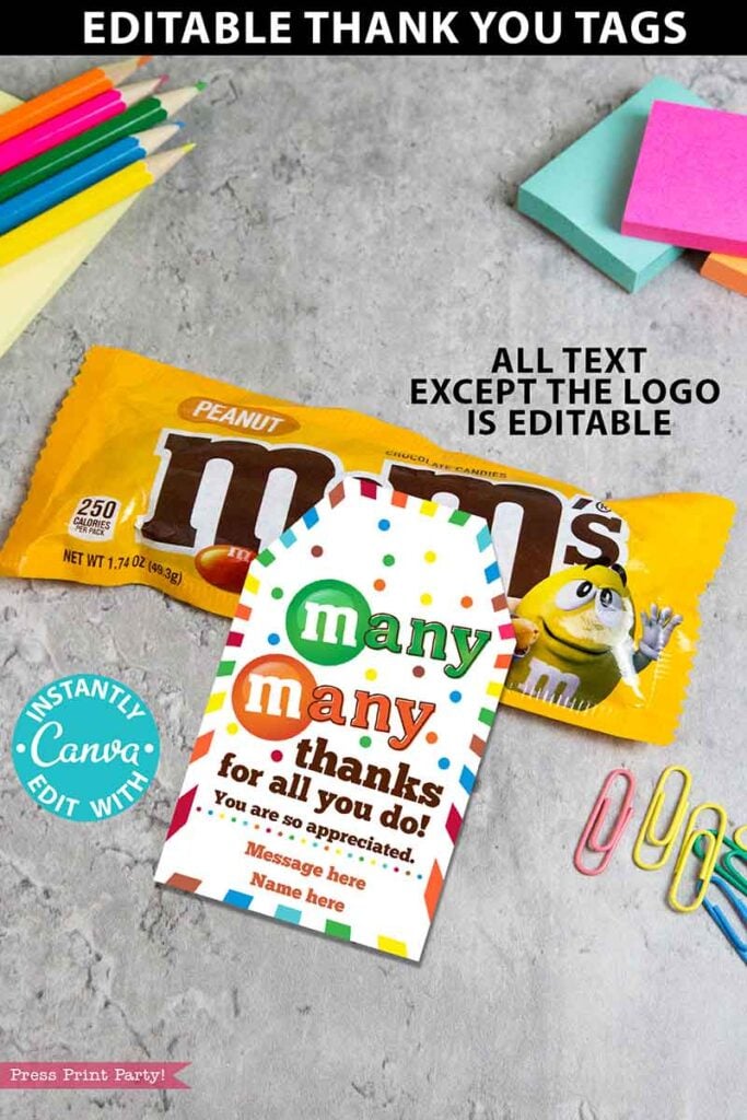 M&Ms Candy Thank You Sayings Gift Tag