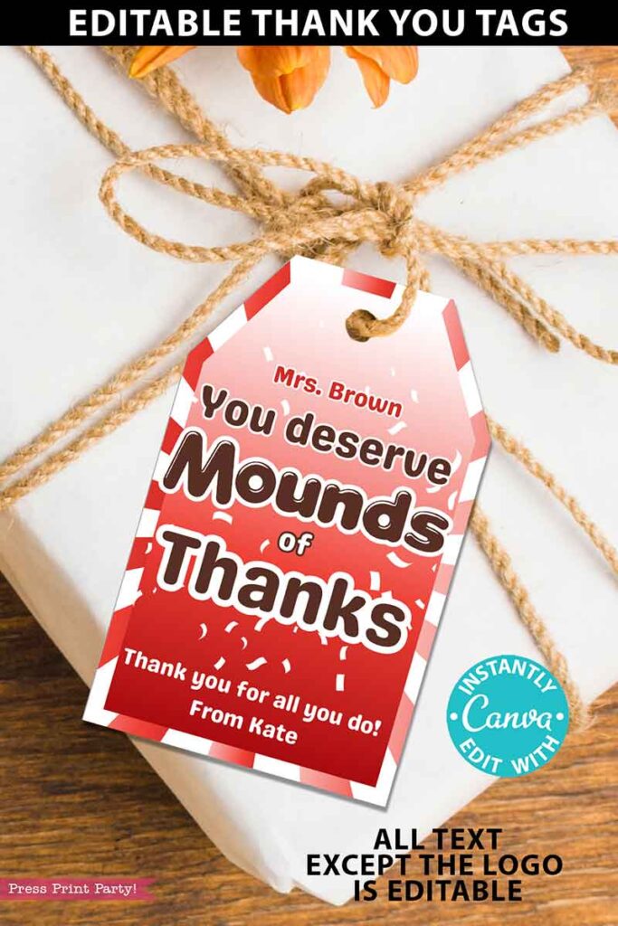 Mounds Candy Bar Thank You Printable Gift Tag - Press Print Party!