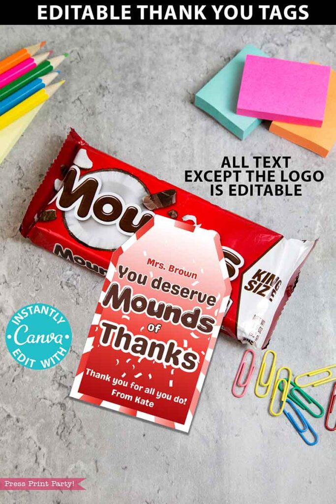 Mounds Candy Bar Thank You Printable Gift Tag - Press Print Party!