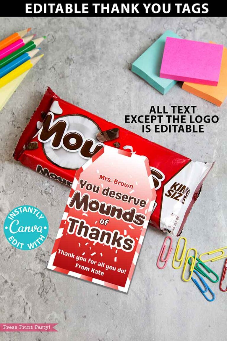 Mounds Candy Bar Thank You Printable Gift Tag - Press Print Party!