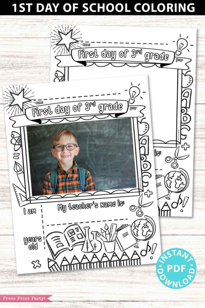First Day of 3rd Grade Coloring Activity - 4x6 Kids Photo Frame - Press ...