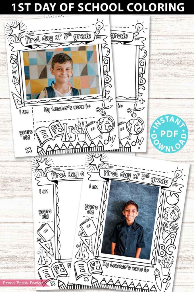 First Day of 5th Grade Coloring Activity - 4x6 Kids Photo Frame - Press ...