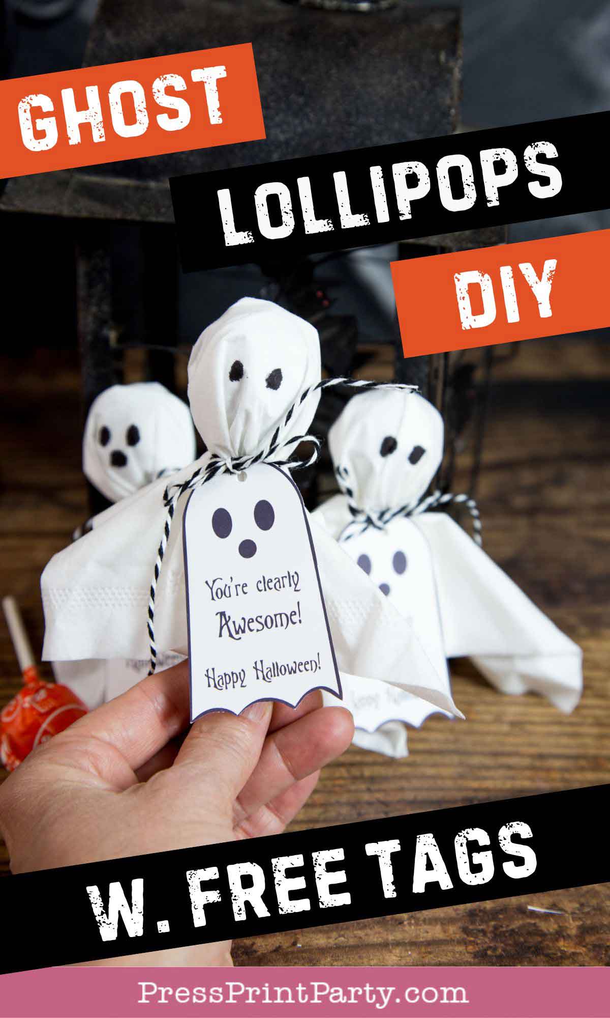 Ghost Lollipops w. FREE Printable Halloween tags