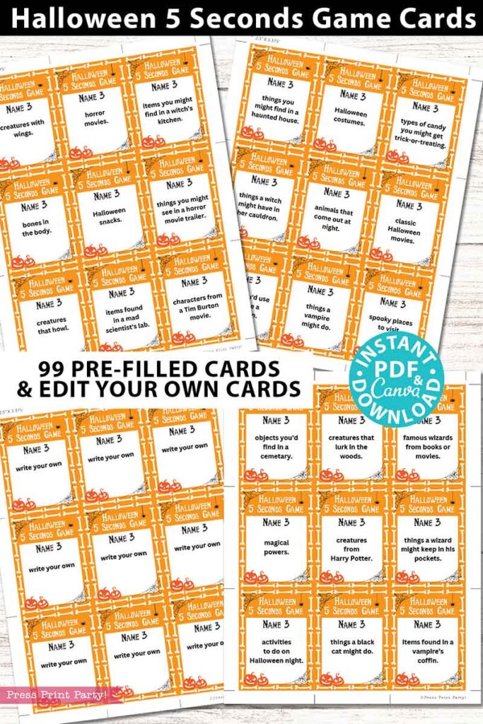 Halloween 5 Seconds Game Cards Printable