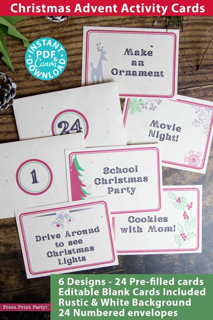 Advent Calendar Cards Printable Rustic Christmas Countdown - Press ...