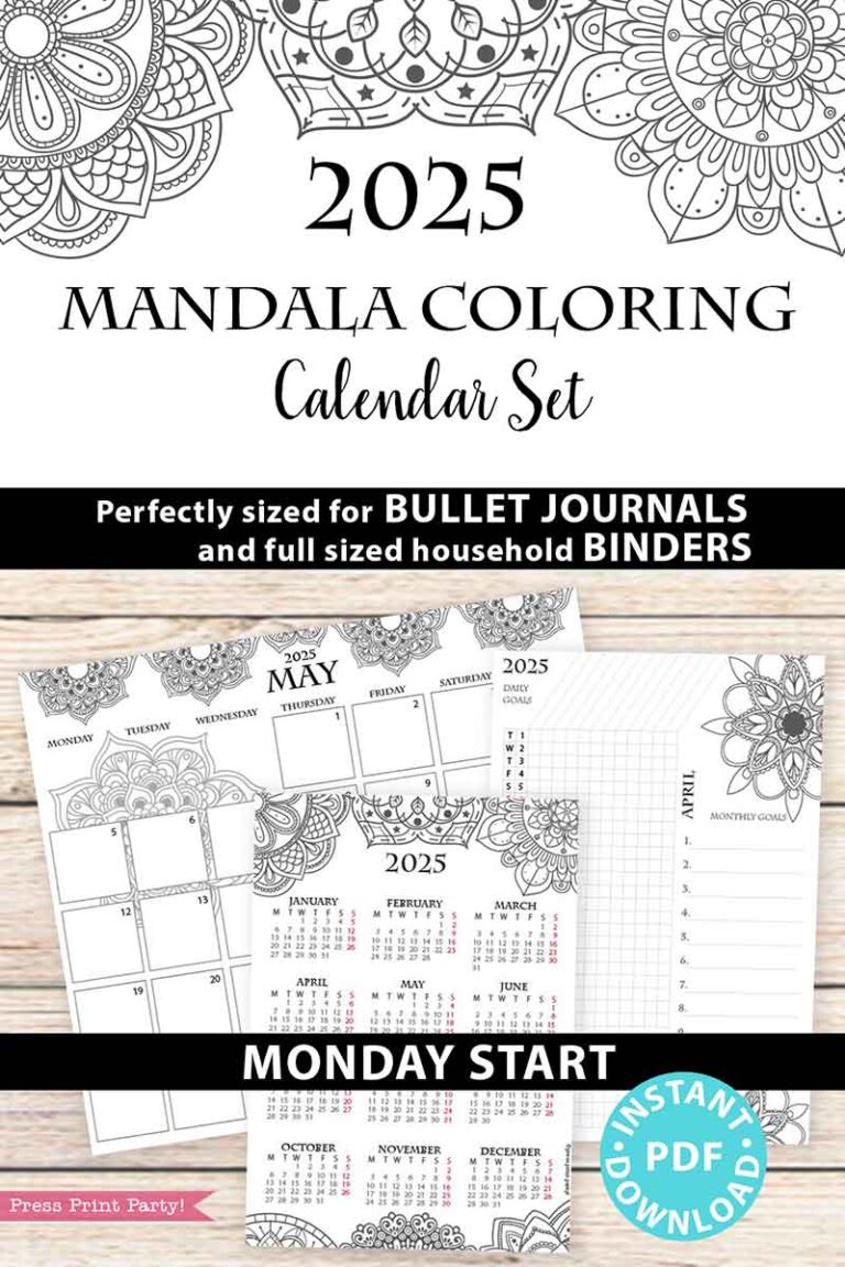 Monday Start 2025 Calendar Printable Set for Bullet Journals or Binders ...